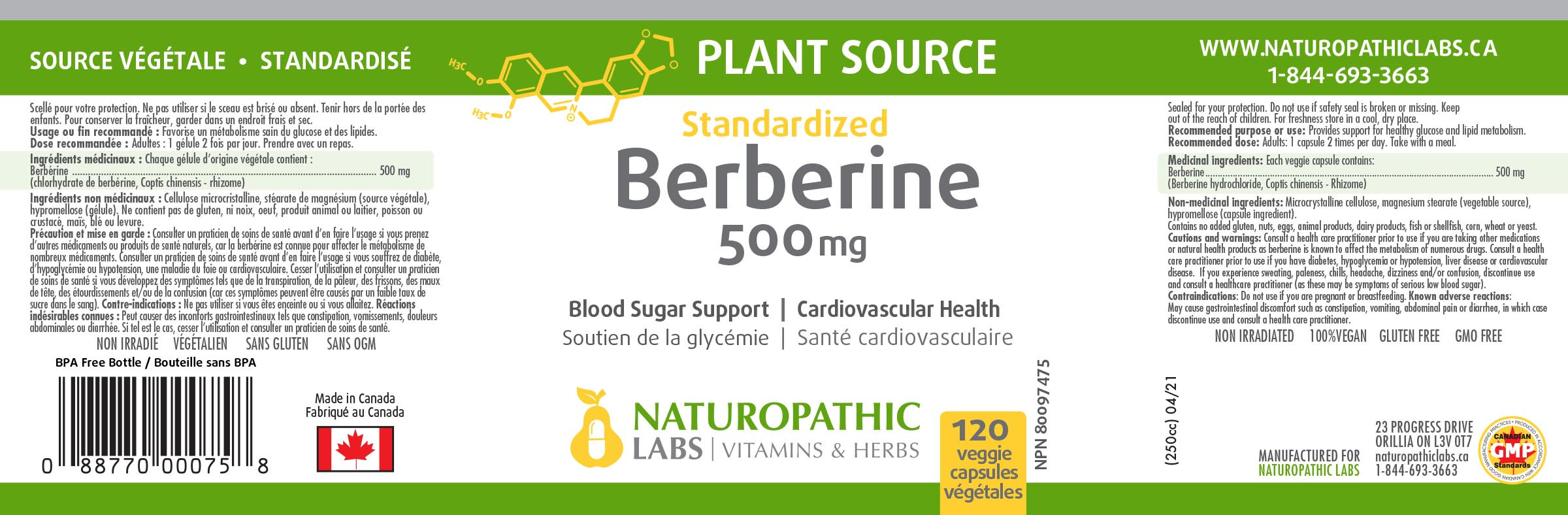 Buy Naturopathic Labs BERBERINE 500MG - 120 CAPS at NationalNutrition.ca